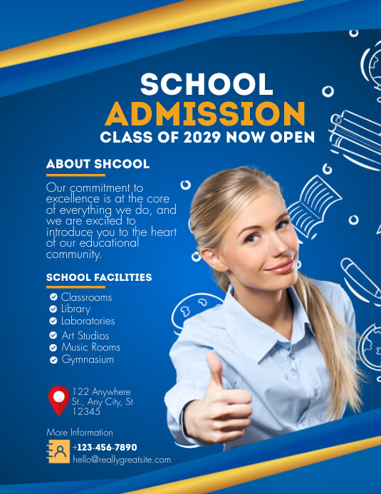 Blue and Yellow School Admissions Flyer Template | PosterMyWall
