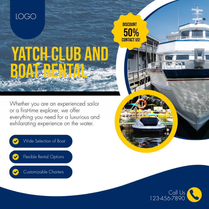 Blue and Yellow Yatch Club and Boat Rental In Template | PosterMyWall
