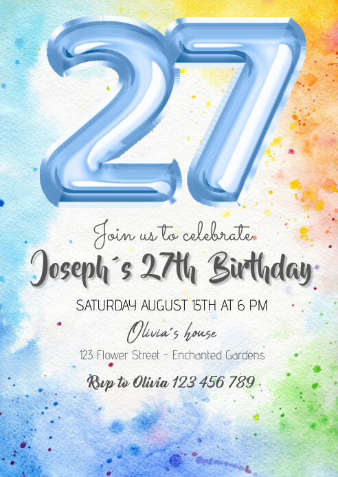 blue balloon 27th Birthday invitation Template | PosterMyWall