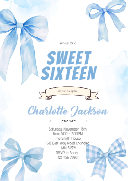 Blue Bow Birthday Invitation Template | PosterMyWall