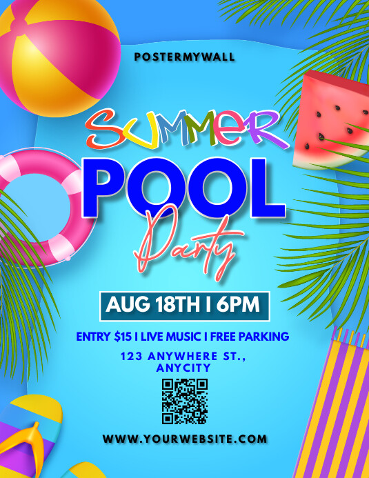 Plantilla de Blue Ceria Summer Pool Party Pamflet (letter | PosterMyWall
