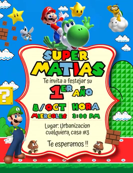 Copy of Blue Colorful Super Mario-themed 1st Birthday Flyer Design With ...