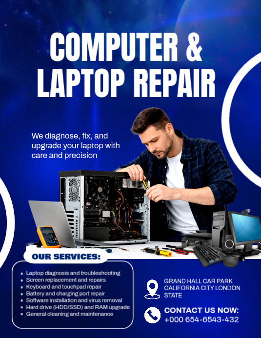 Blue Computer and Laptop Repair Flyer Template | PosterMyWall