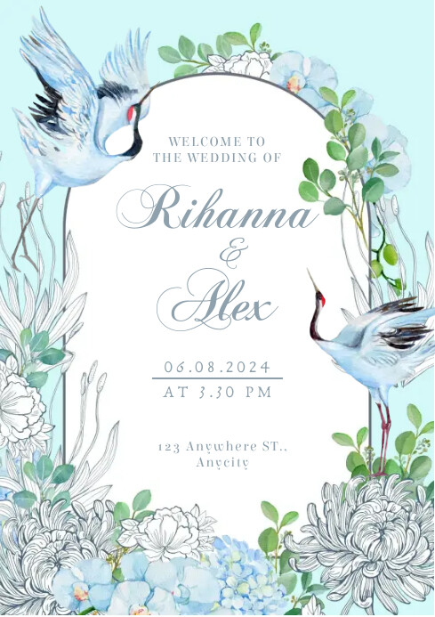 Blue Cranes Bird Wedding Invitation Template | PosterMyWall