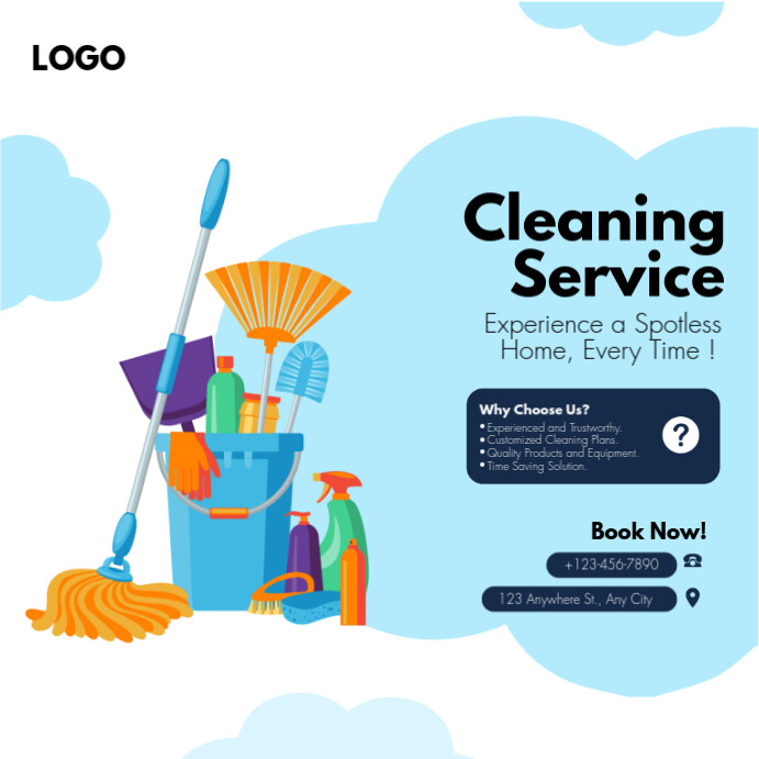 Blue Dark Blue Illustrative Cleaning Services Template | PosterMyWall