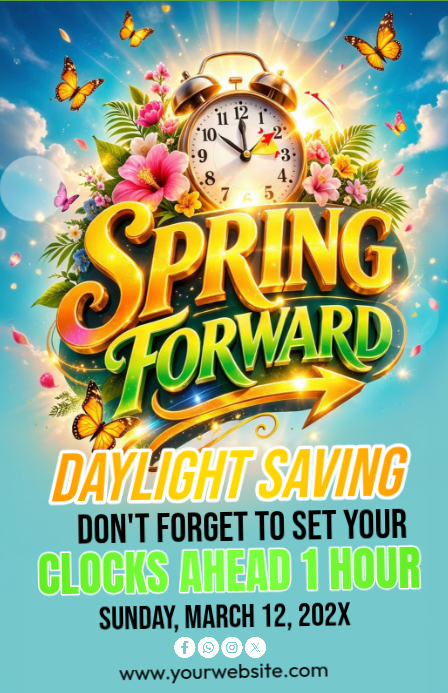 Blue Daylight Saving Time Reminder Tabloid Template | PosterMyWall