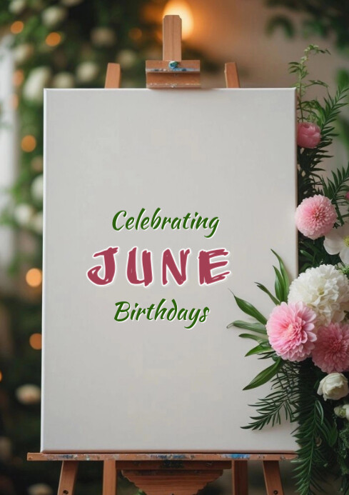 Blue Floral Celebrating June Birthdays A4 Template | PosterMyWall