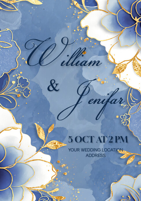 Blue Floral Elegant Wedding Invitation A5 Template | PosterMyWall