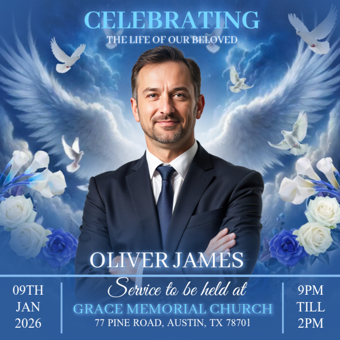 Blue Floral Funeral Announcement Instagram Post Template | PosterMyWall