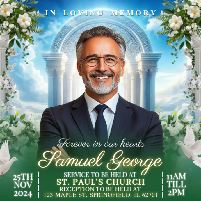 Blue Floral Funeral Announcement Instagram Post Template | PosterMyWall