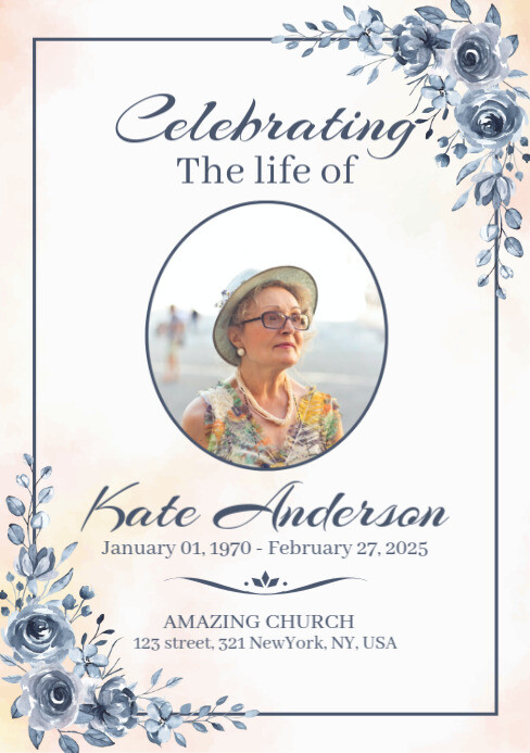 Blue Floral Funeral Program A5 Template | PosterMyWall