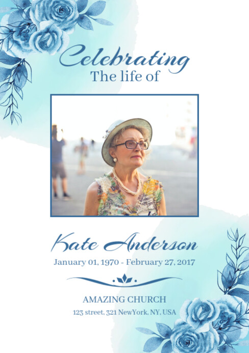 Blue Floral Funeral Program Template A5 | PosterMyWall