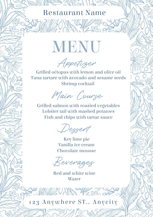 Blue Floral Menu Restaurant Template | PosterMyWall