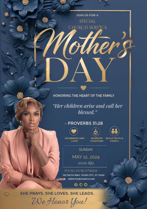Blue floral mother's day church service a4 Template | PosterMyWall