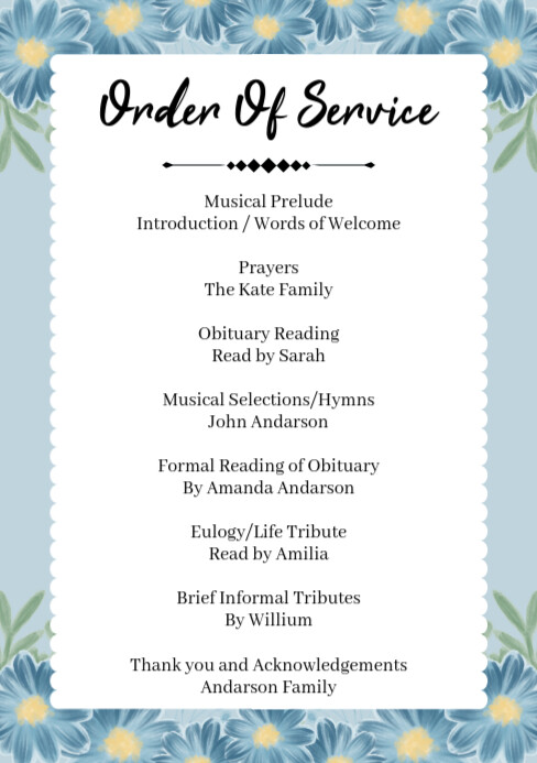 Blue Floral Order Of Service A5 Template | PosterMyWall