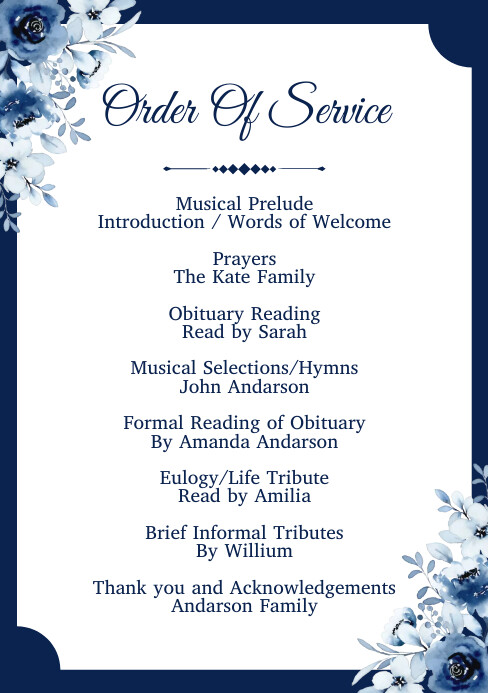 Blue Floral Order of service A5 | PosterMyWall
