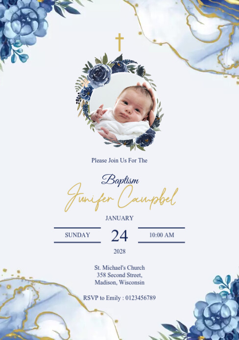 Blue Floral Watercolor Baby Baptism Invitati Template | PosterMyWall