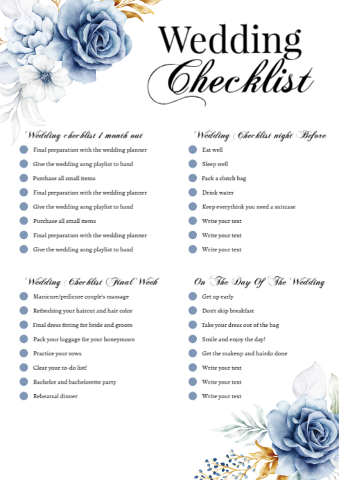 Plantilla de Blue Floral Wedding Checklist Template A4 | PosterMyWall