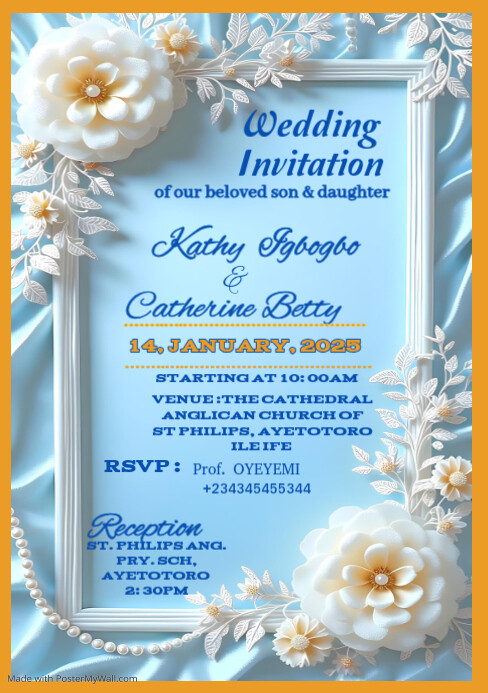 Blue Floral Wedding Invitation Card A5 Template | PosterMyWall