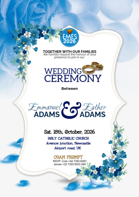 Blue Floral Wedding Invitation Card Free Template A4 | PosterMyWall