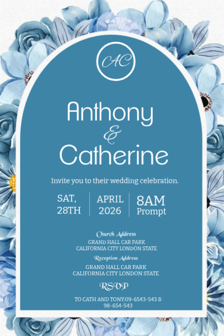 Blue Floral Wedding Invitation Design Template Poster | PosterMyWall