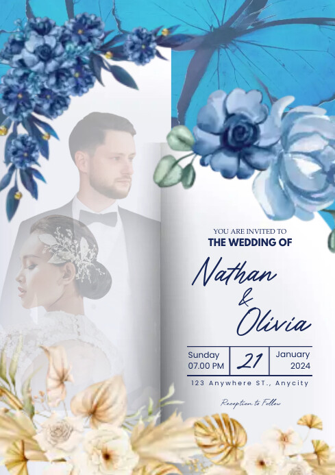 Blue Floral Wedding Invitation Template | PosterMyWall