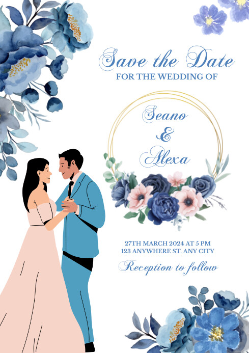 Blue Floral Wedding Invitation Template | PosterMyWall