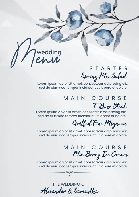 Copy of Blue Floral Wedding Menu | PosterMyWall
