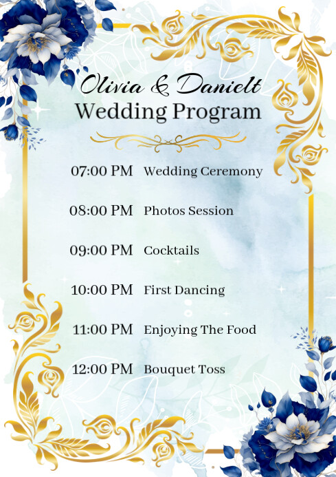 Blue Floral Wedding Program Template A4 | PosterMyWall