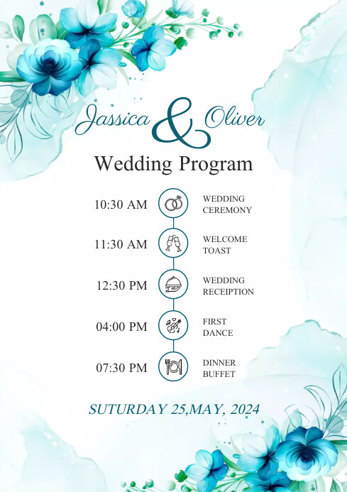 Copy of Blue Floral Wedding Program template | PosterMyWall