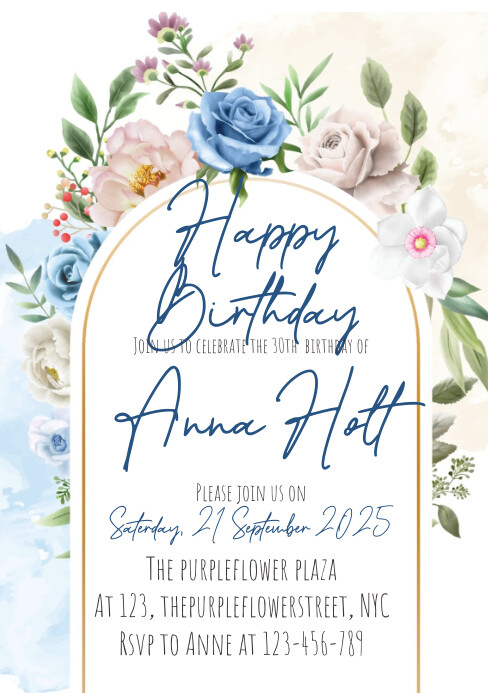 Blue flower birthday invitation Template | PosterMyWall