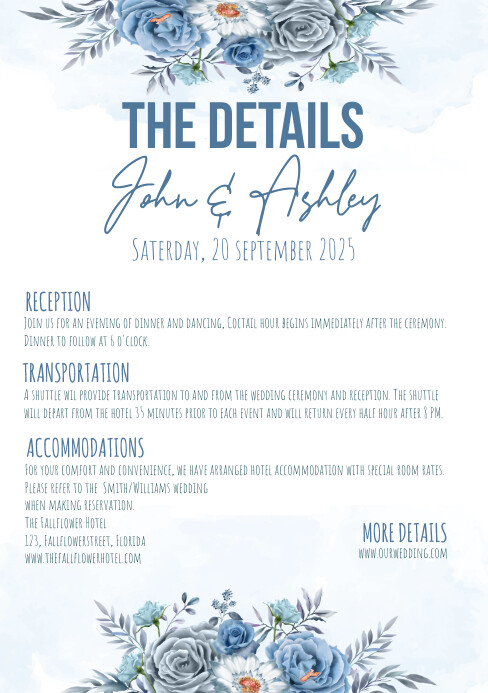 Blue flower wedding detail card Template | PosterMyWall