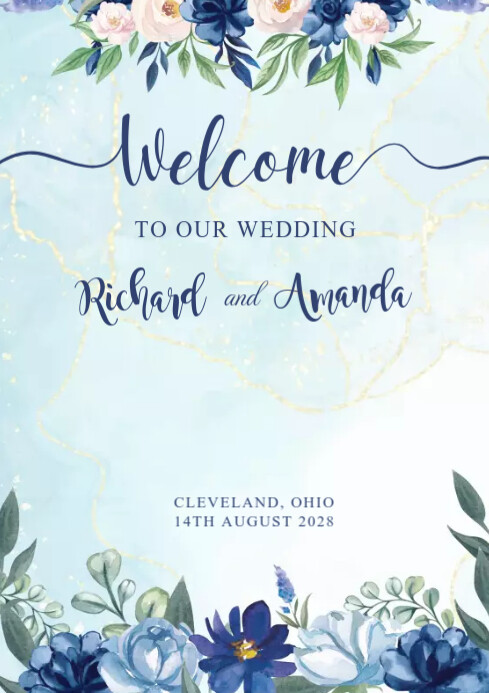 Blue Flowery Welcome Sign Wedding Sign Poster Template | PosterMyWall