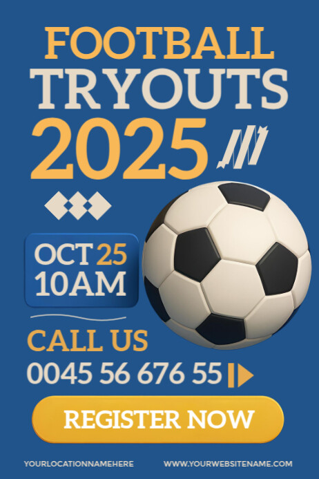 Blue Football Tryouts 2025 Poster Template | PosterMyWall