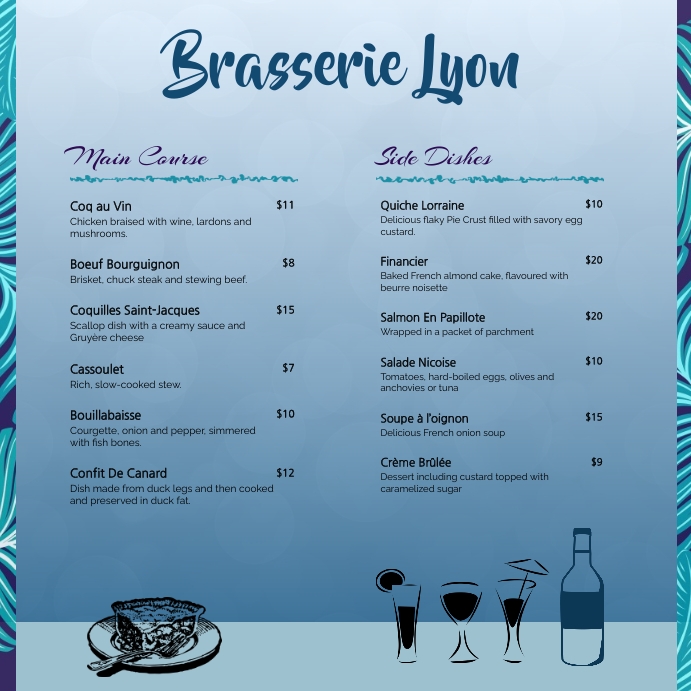 Blue french restaurant menu Template | PosterMyWall