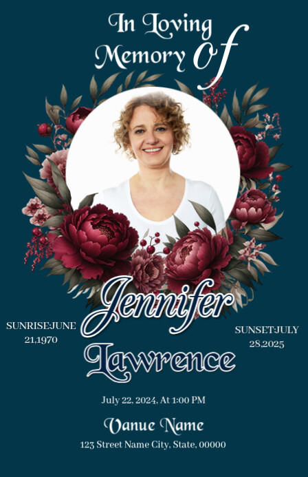 Copy of Blue Funeral Card Floral Frame Half Page Wide | PosterMyWall