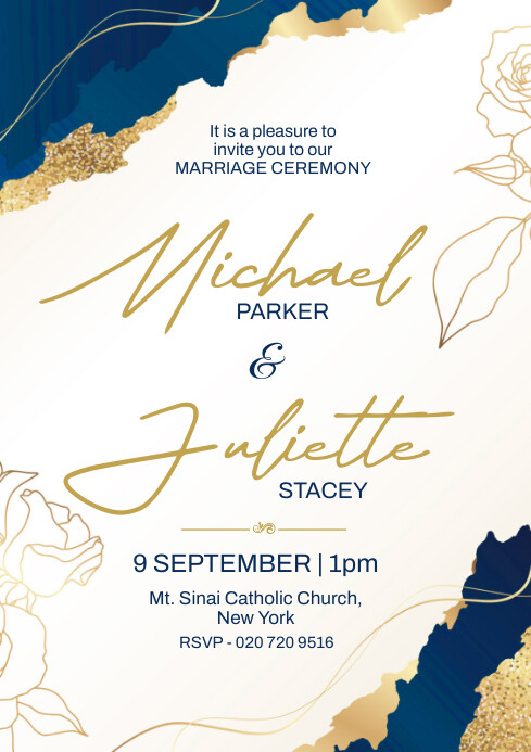blue Gold Wedding Invitation Template | PosterMyWall