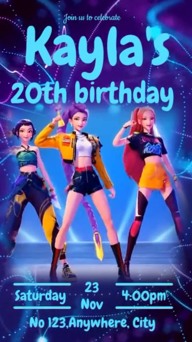 Modèle Blue Gradient Kpop Demon Hunters Birthday Invitation Digital ...