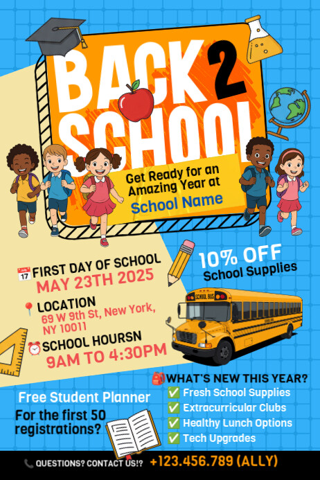 Blue Illustrative Back 2 School Poster Template | PosterMyWall