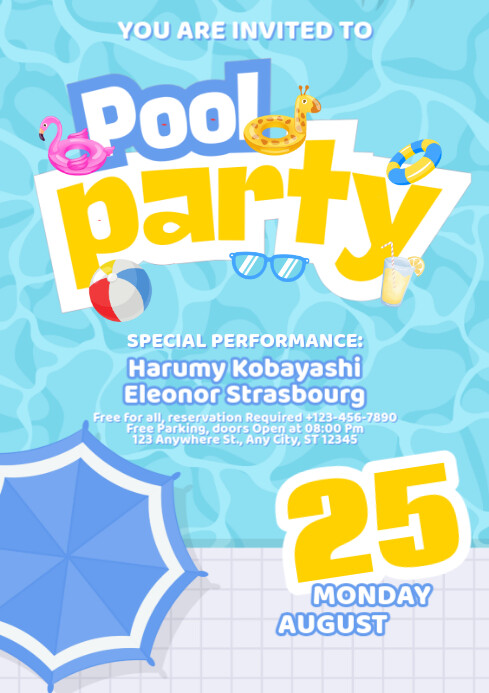 Blue Illustrative Birthday Pool Party A4 Template | PosterMyWall