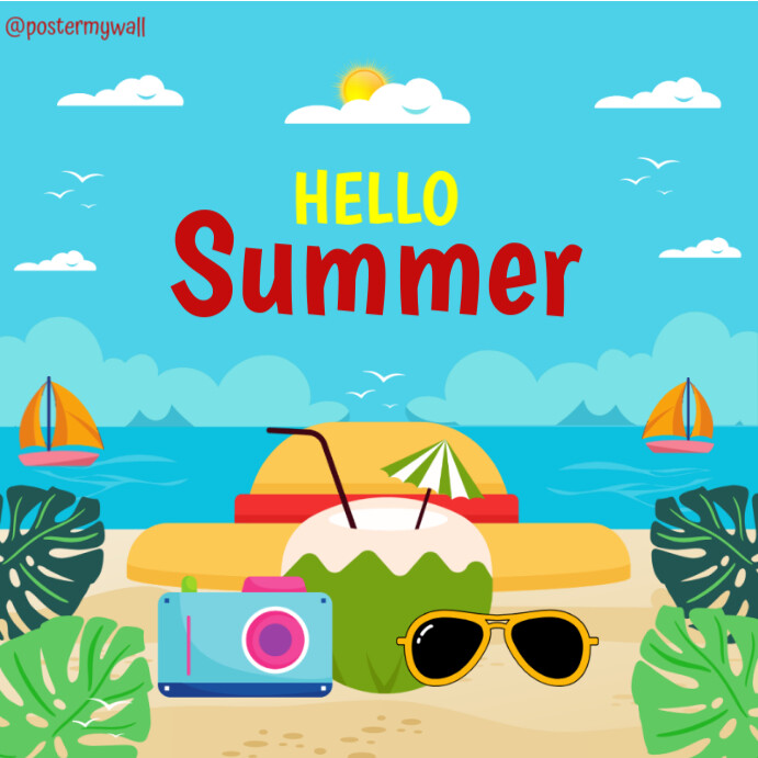 Blue Illustrative Hello Summer Instagram Post Template | PosterMyWall