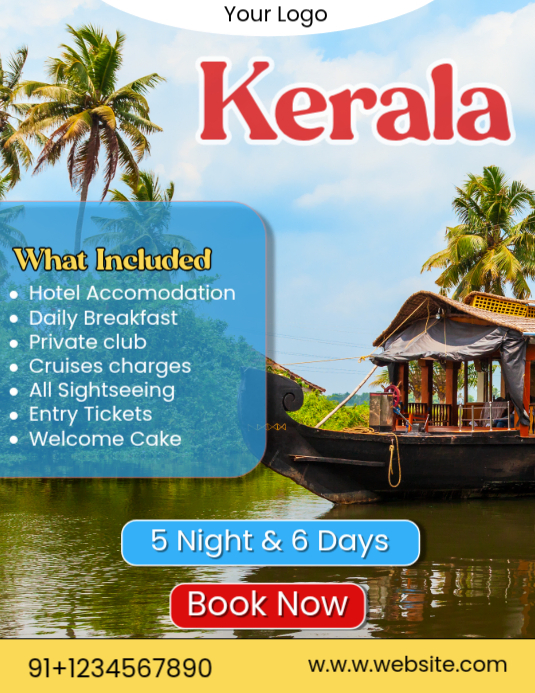 Blue Illustrative Kerala Tour Package Flyer Template | PosterMyWall