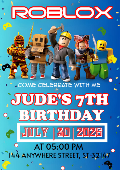 Blue Illustrative Roblox Birthday Party Invitation Flyer A4 Template ...