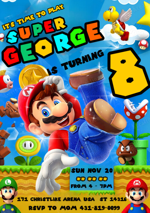 Modèle Blue Illustrative Super Mario Birthday Party Invitation Flyer A4 ...
