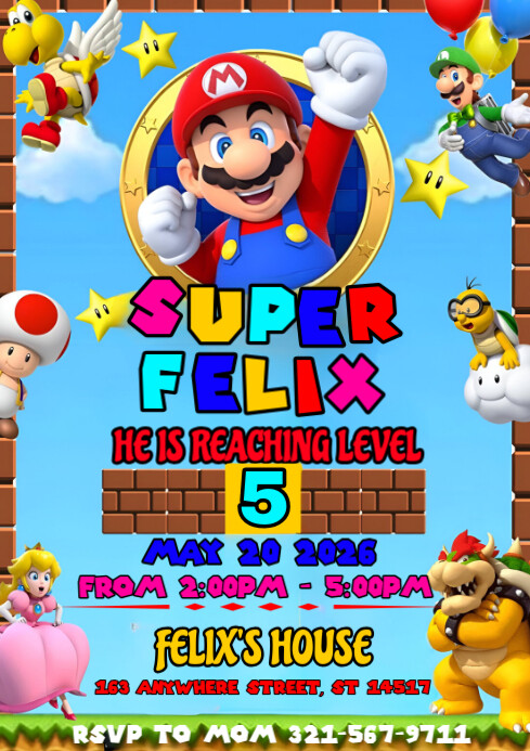 Plantilla de Blue Illustrative Super Mario Birthday Party Invitation ...