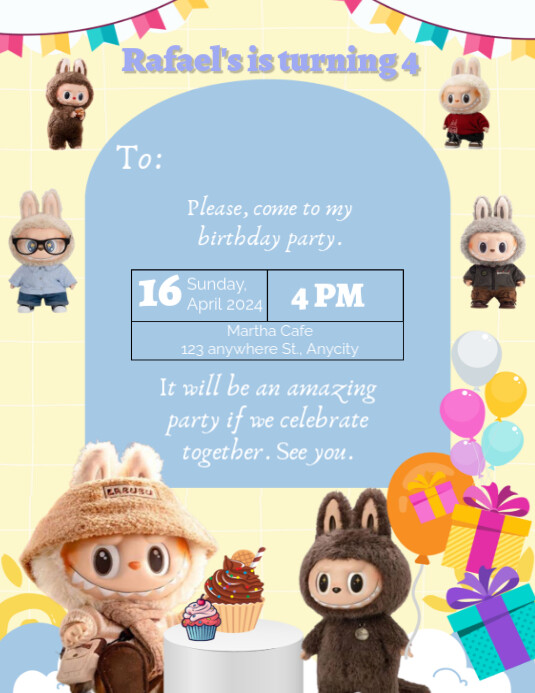 Plantilla de Blue Ilustratif Birthday Invitation For Kids. Labubu ...