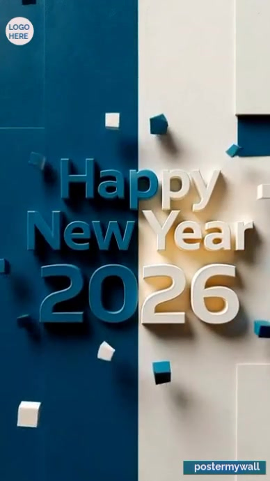 Blue Joyful 🎉 Happy New Year 2026 Video Digital Display (9:16) Template ...