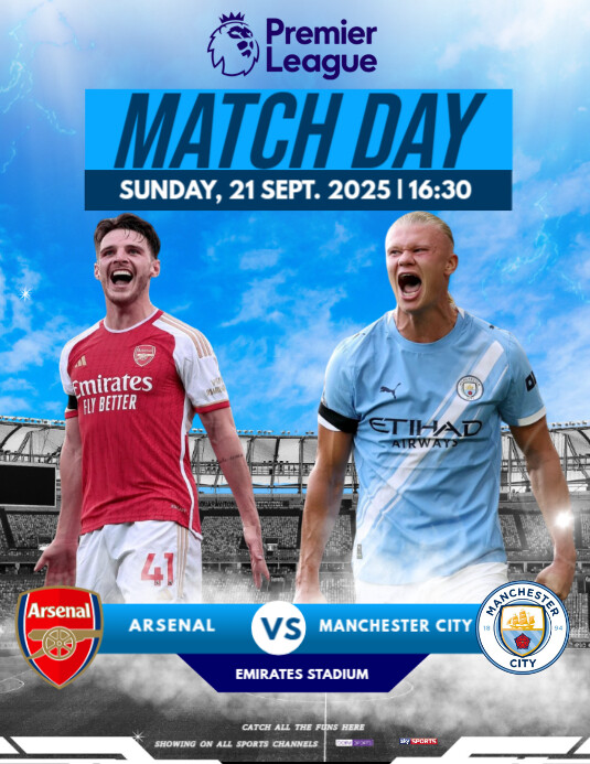 Blue Joyful Arsenal Vs Manchester City Premier League Match Day Flyer ...