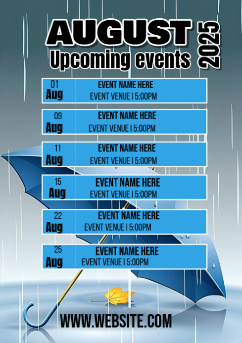 Blue Joyful August Upcoming Events A4 Template | PosterMyWall