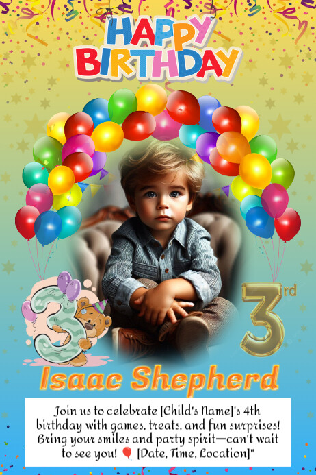 Blue Joyful Baby Boy Birthday Invitation Card Poster Template ...